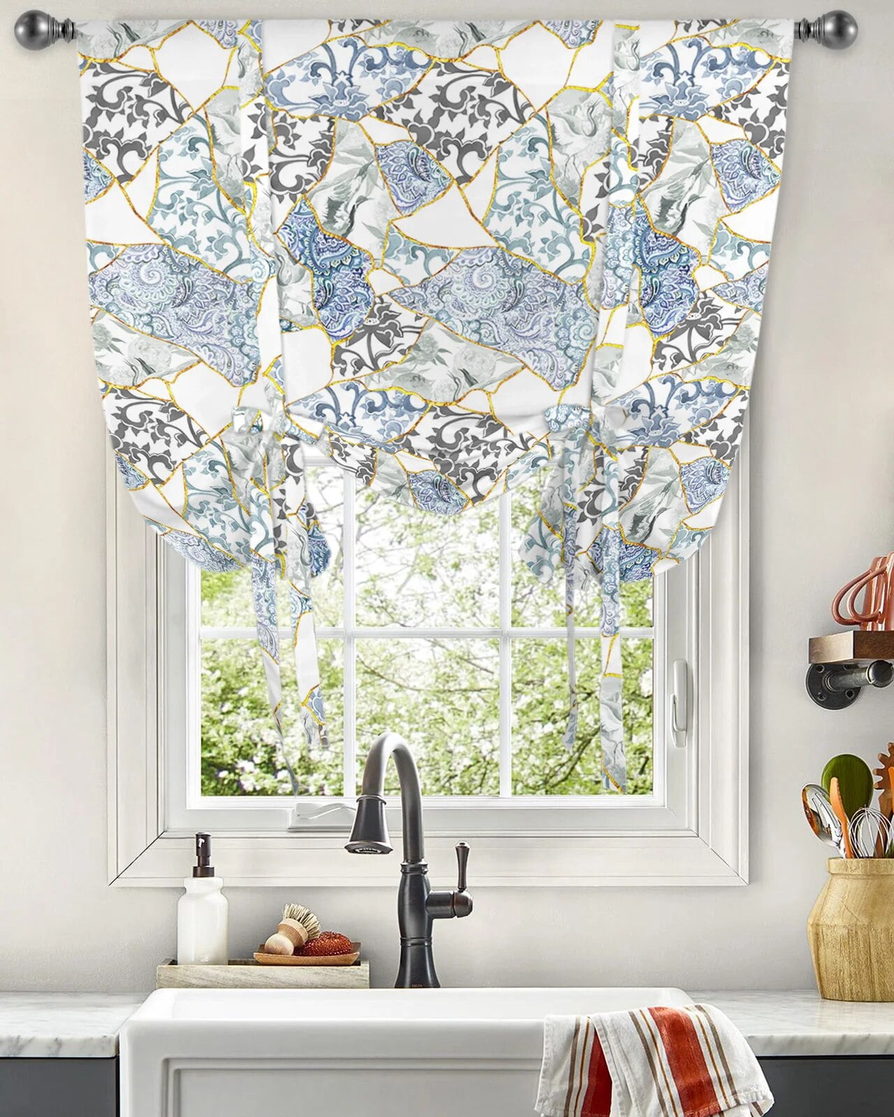 Blue And White Porcelain Texture Window Curtain for Living Room Roman ...