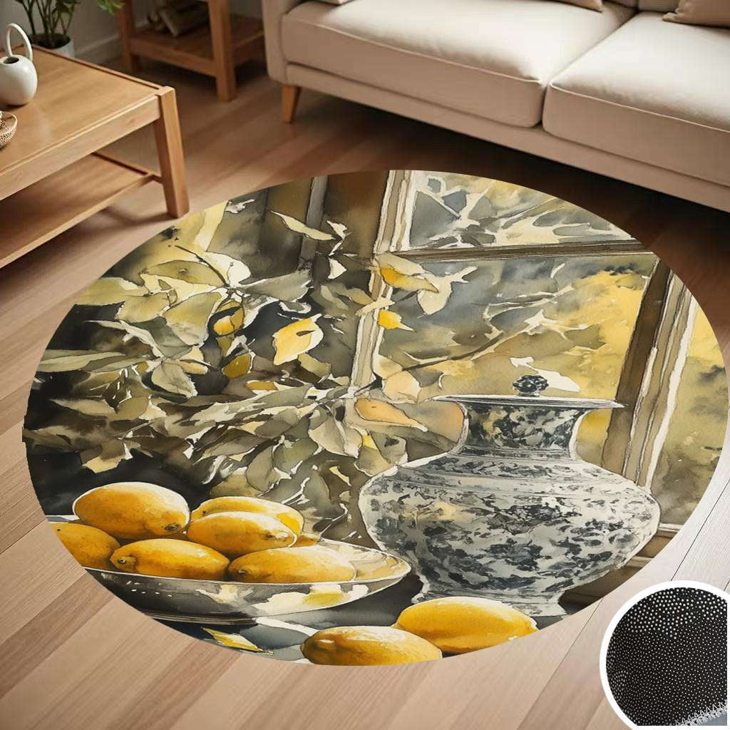 Blue And White Porcelain Vase With Lemons Round Carpet Living Room ...