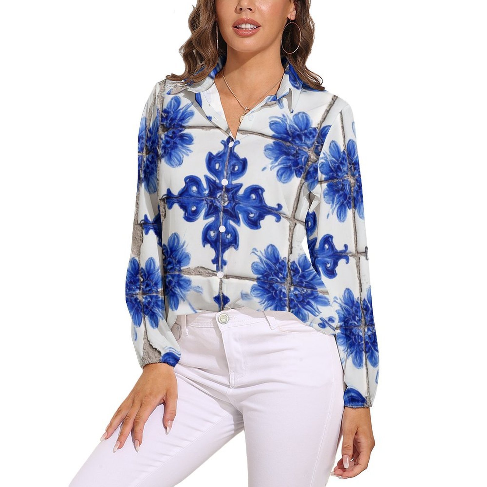 Blue And White Portuguese Tile-2 Long Sleeve Blouse Woman Streetwear ...