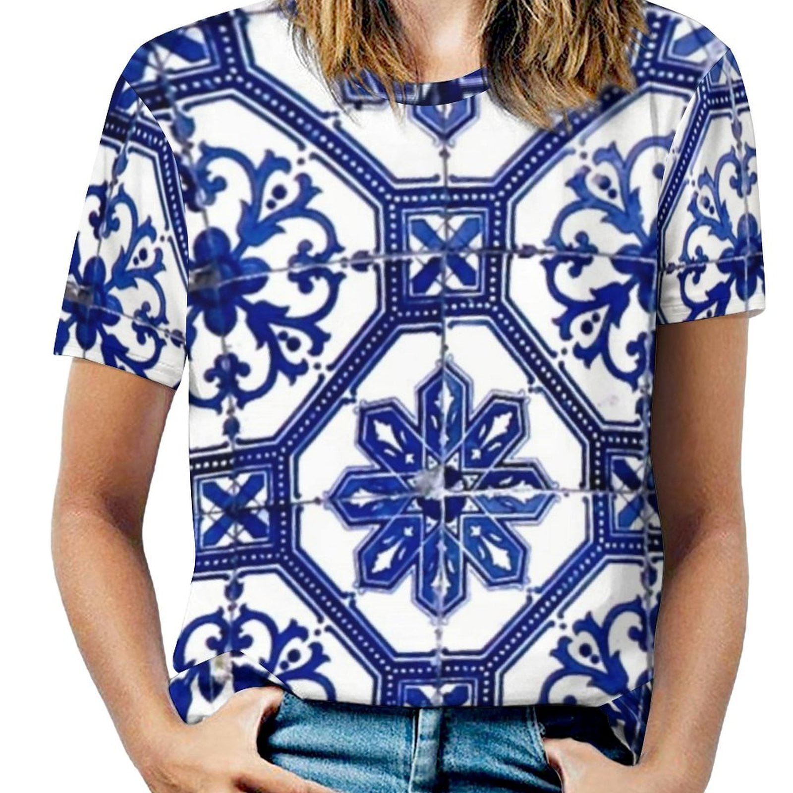 Blue And White Portuguese Tile Lotus Leaf Neck T-Shirt Long Sleeve Printed Fall T Shirts Women ...