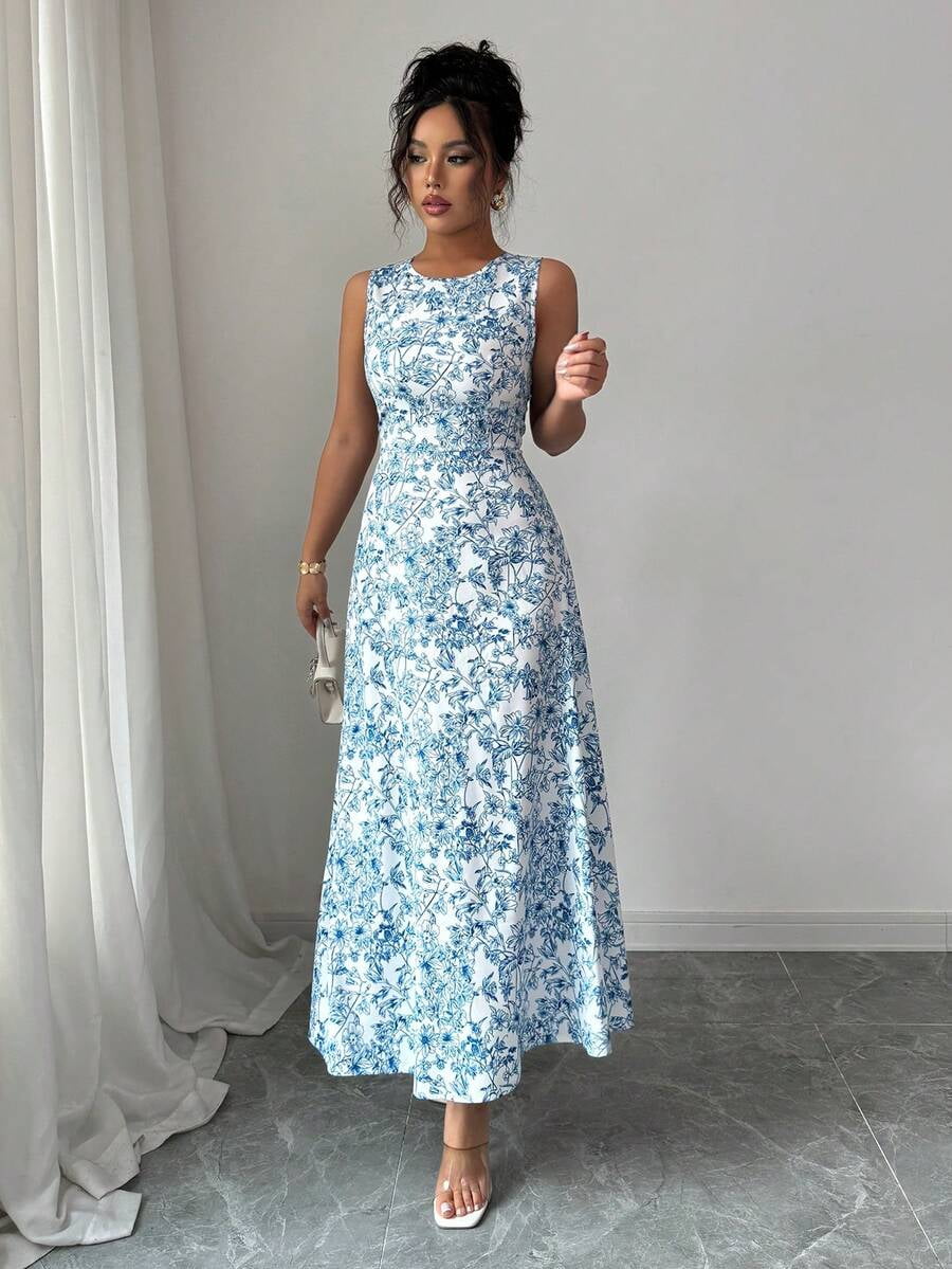 Blue And White Printed Sleeveless Elegant Maxi Dress For Women Summer ...