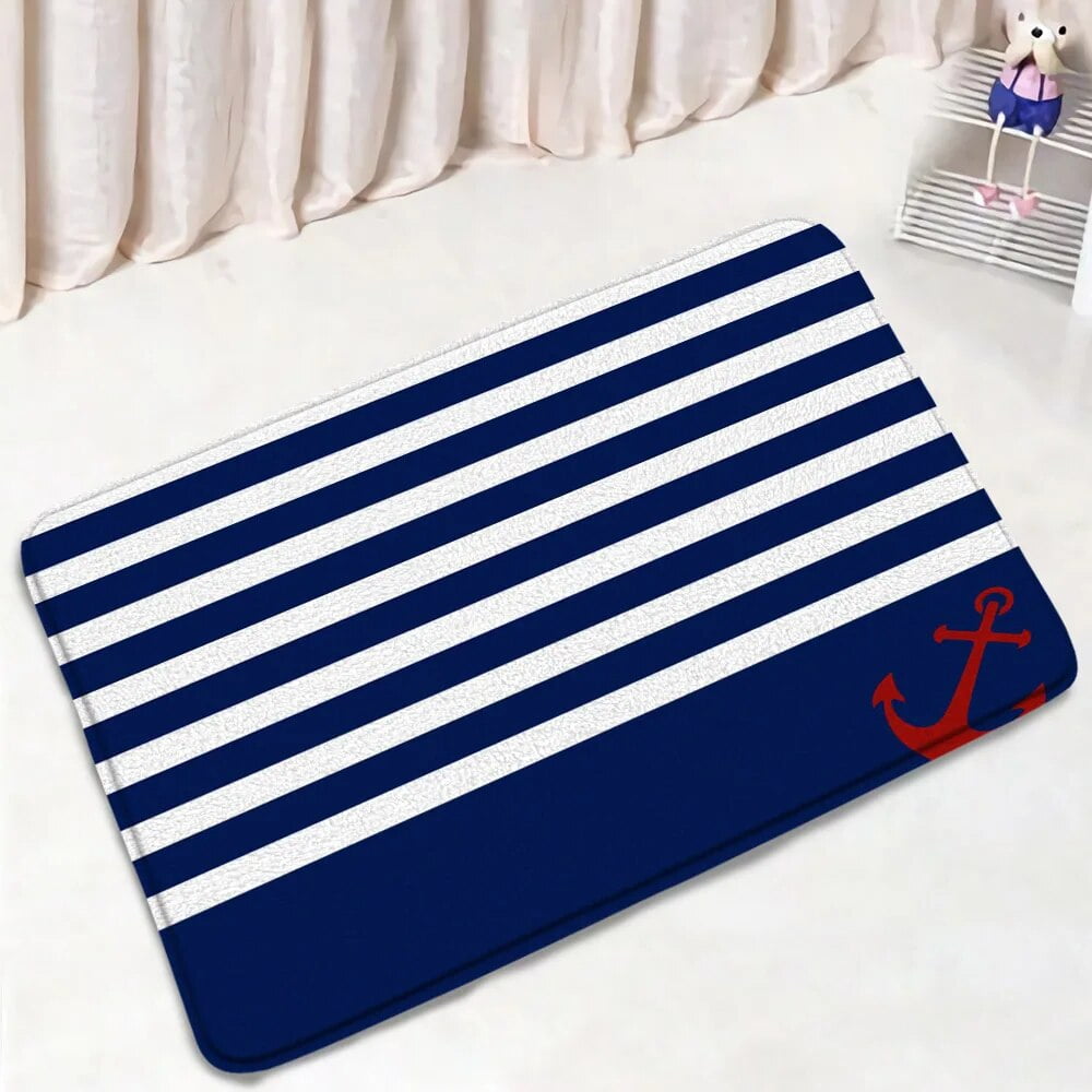 Blue And White Striped Bath Mat Set Red Anchor Nautical Home Carpet ...