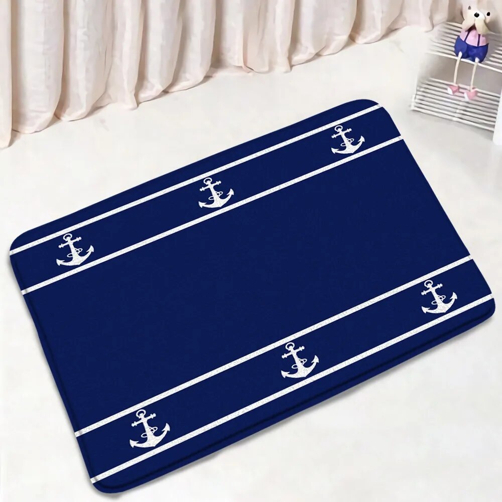 Blue And White Striped Bath Mat Set Red Anchor Nautical Home Carpet ...