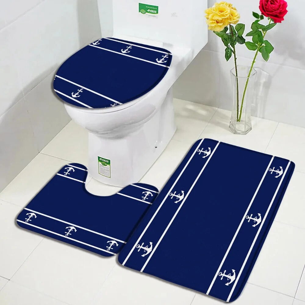 Blue And White Striped Bath Mat Set Red Anchor Nautical Home Carpet ...