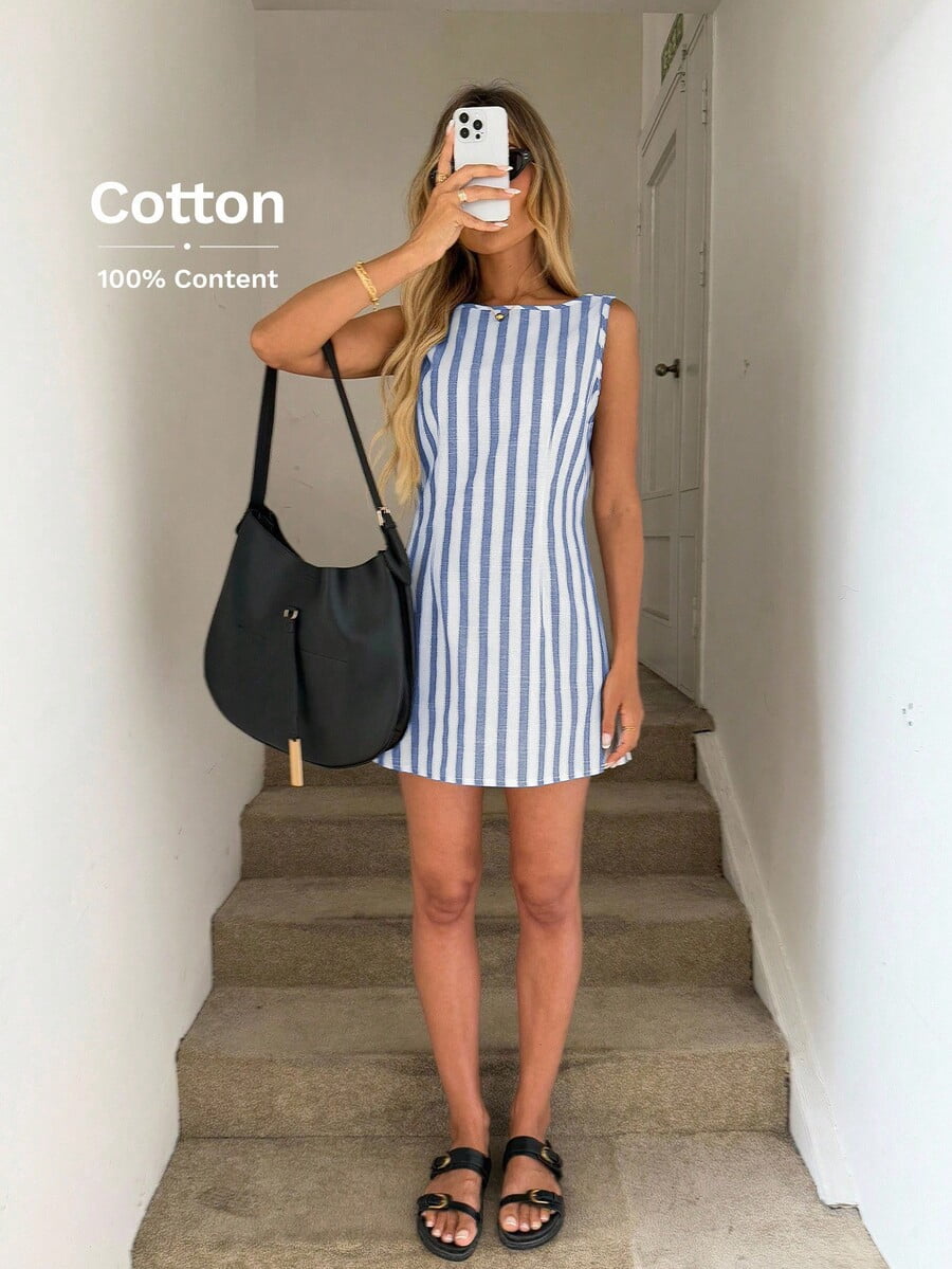 Blue And White Striped Cotton Sleeveless A-Line Mini Dress, Casual ...