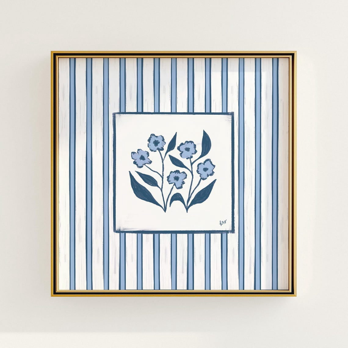 Blue And White Striped Floral Botanical Poster Southern Decor, Unframed ...