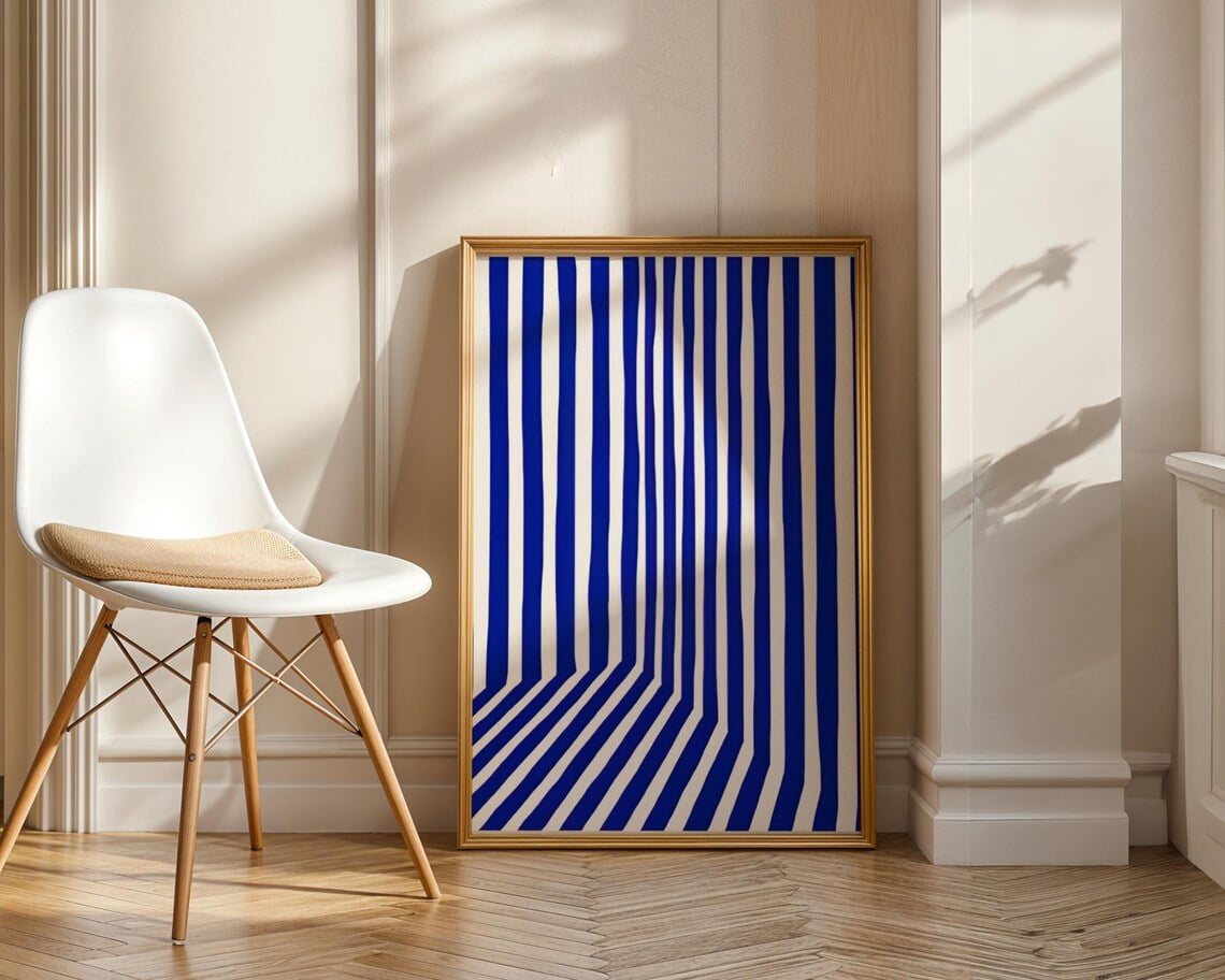 Blue And White Striped Poster, Modern Minimalist Wall Art, Abstract ...