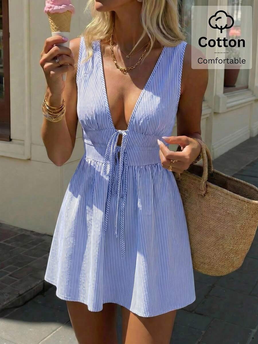 Blue And White Striped Sleeveless Deep V-Neck Tie-Front Mini Dress For ...
