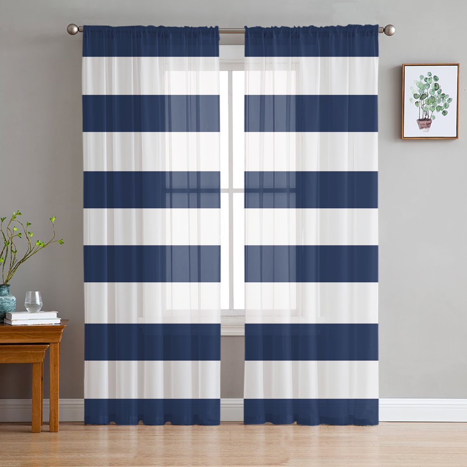 Blue And White Stripes Simple Sheer Curtain for Living Room Bedroom ...