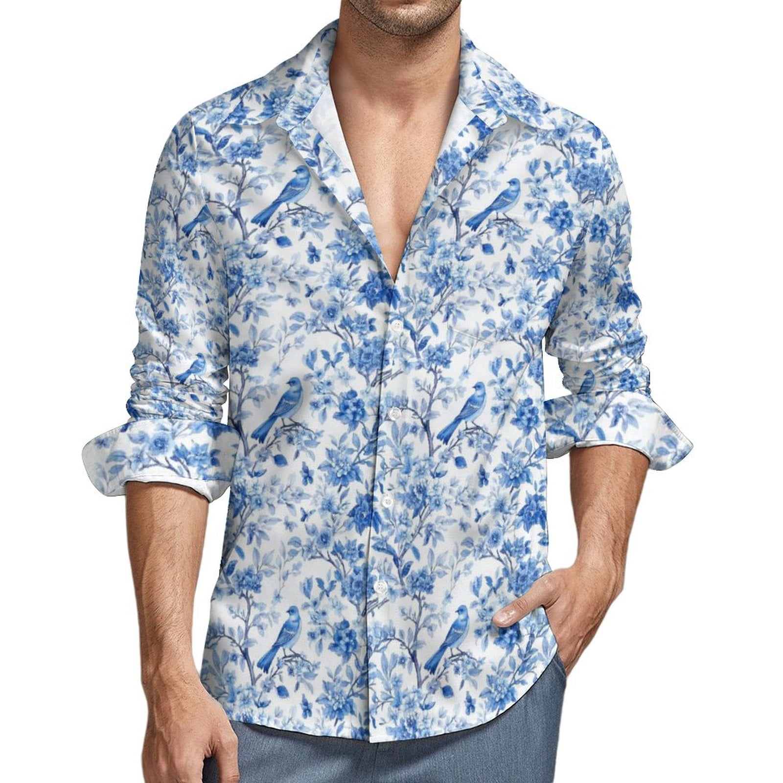 Blue And White Toile De Jouy Flower Bird Hawaiian Shirt for Men Long ...