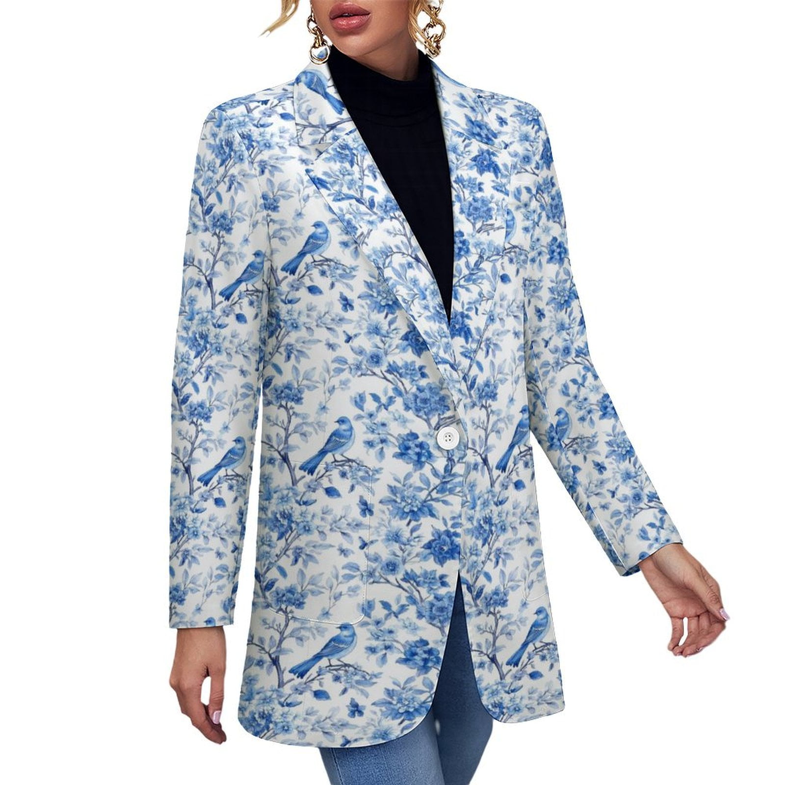 Blue And White Toile De Jouy Flower Bird Woman Casual Loose Suits ...
