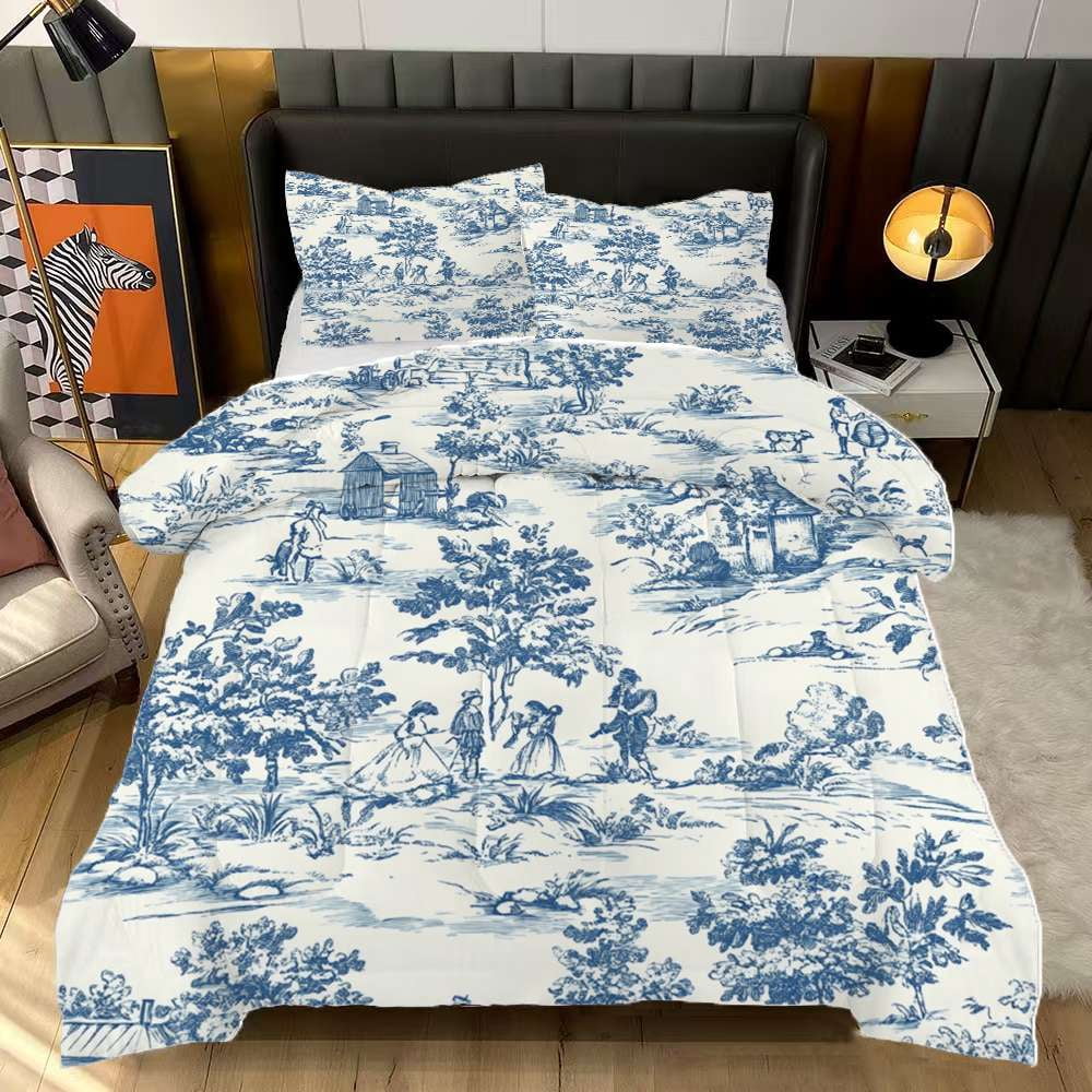 Blue And White Toile De Jouy Print Comforter Set Twin Size Bedding Set ...