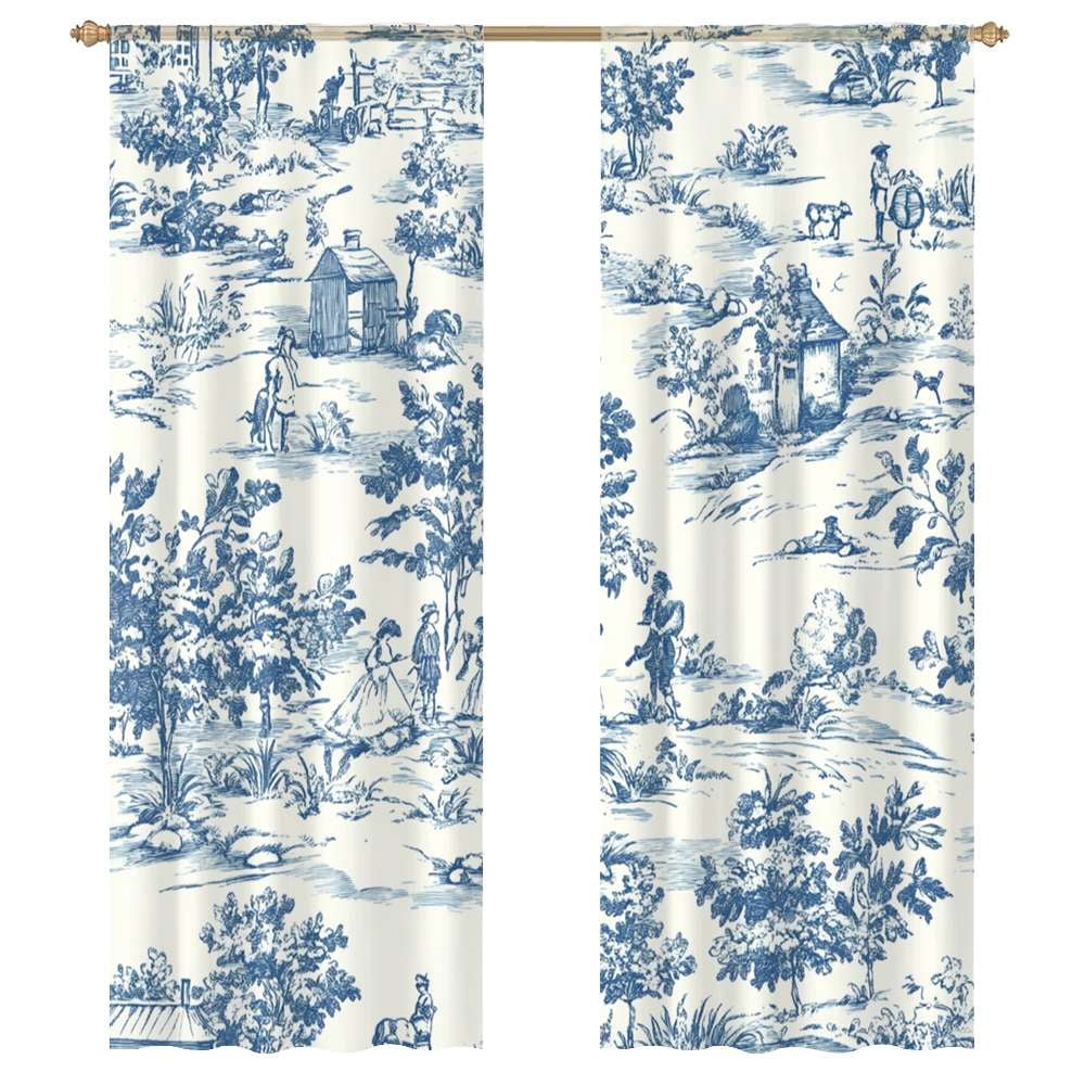 Blue And White Toile De Jouy Print Tulle Curtains For Living Room ...