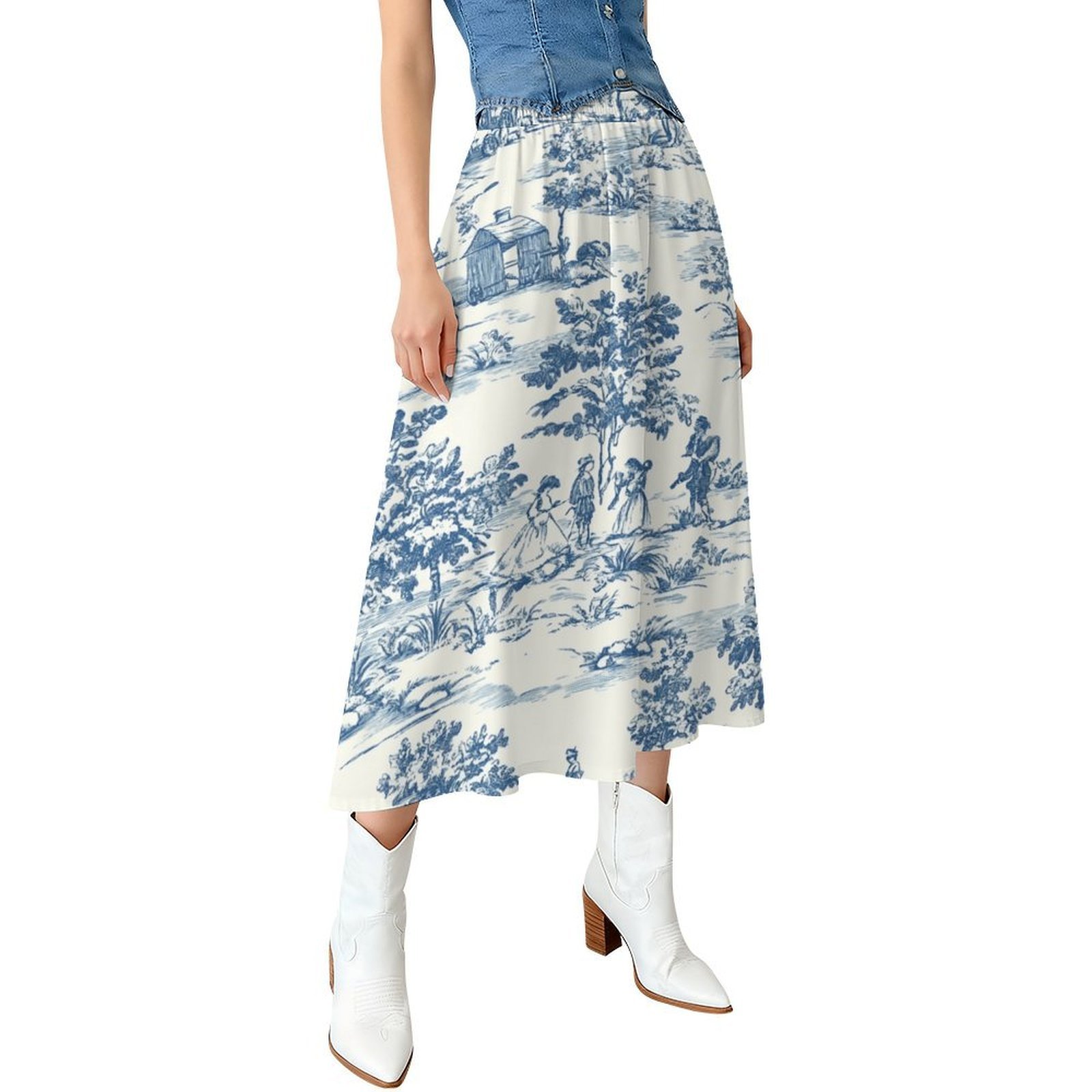 Blue And White Toile De Jouy Print Women High Waist Midi Skirt Elegant ...