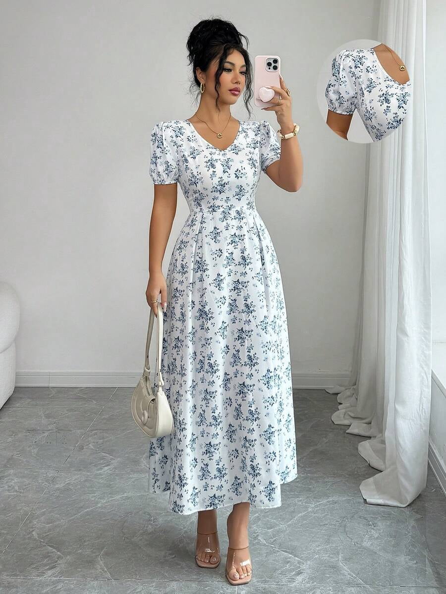 Blue And White V-Neck Puff Sleeve Waist-Slimming Ditsy Floral Maxi ...