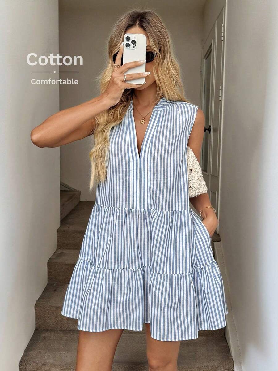 Blue And White V-Neck Ruffle Tiered A-Line Sleeveless Mini Dress ...