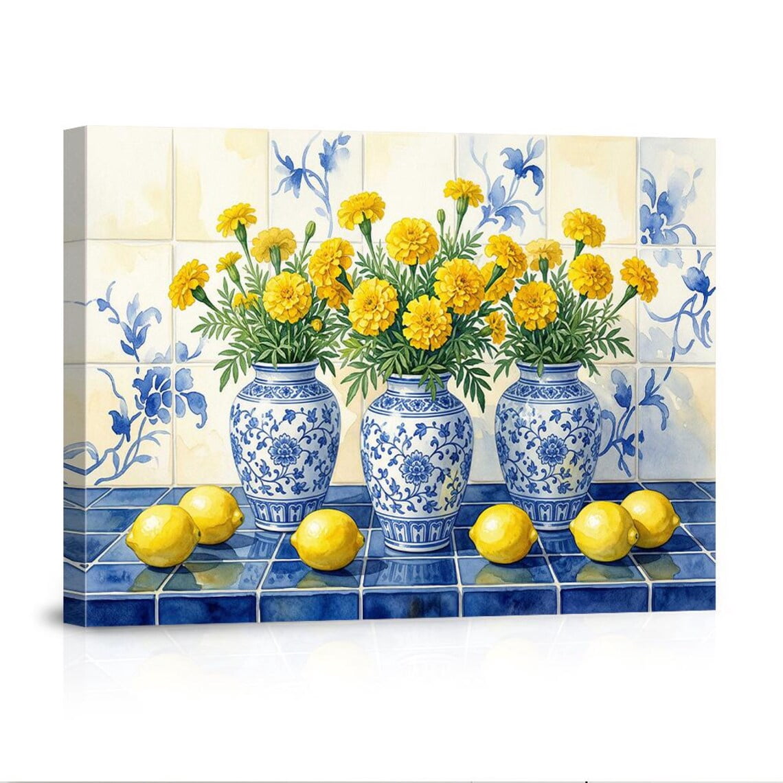 Blue And White Vase Yellow Marigold Lemon Mediterranean Floral Kitchen ...