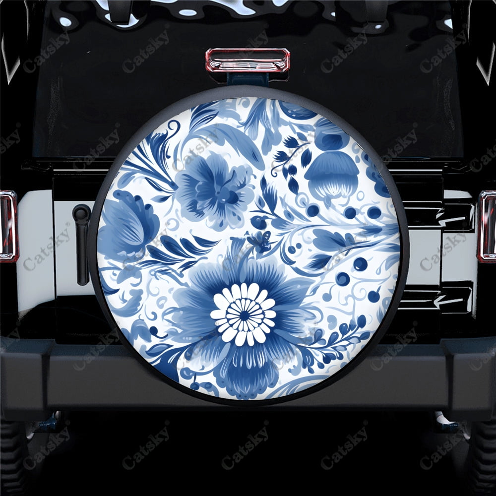 Blue And White Vintage Floral Polyester Universal Spare Wheel Tire ...
