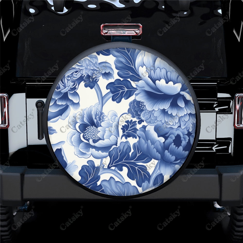 Blue And White Vintage Floral Polyester Universal Spare Wheel Tire ...