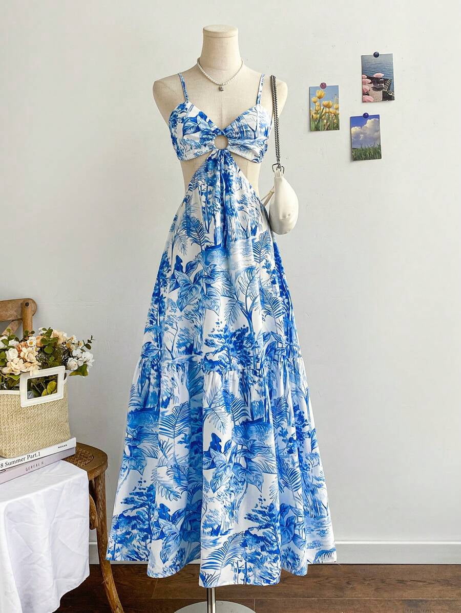 Blue And White Vintage Floral Print V-Neck Hollow Waist A-Line Maxi ...