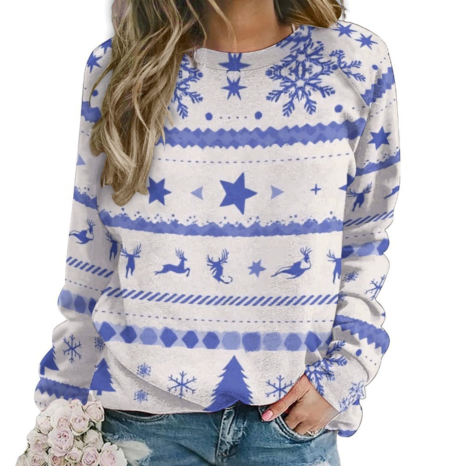 Blue And White Winter Pattern Women Casual Long Sleeve Hoodie ...