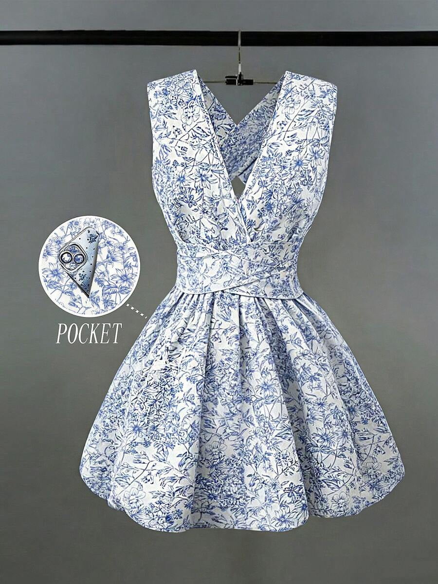 Blue And White Women Sleeveless Criss-Cross V-Neck A-Line Mini Dress ...