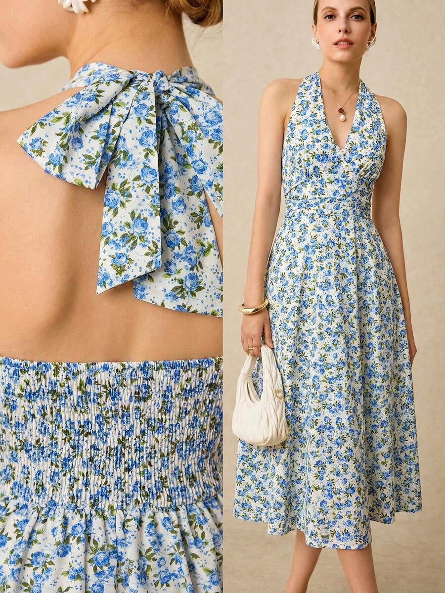 Blue And White Womens Ditsy Floral Ruched Waist Backless Halter Midi ...