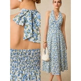 Blue And White Womens Ditsy Floral Ruched Waist Backless Halter Midi ...