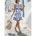 Blue And White Womens Halter Neck Sleeveless A-Line Mini Dress, Elegant ...
