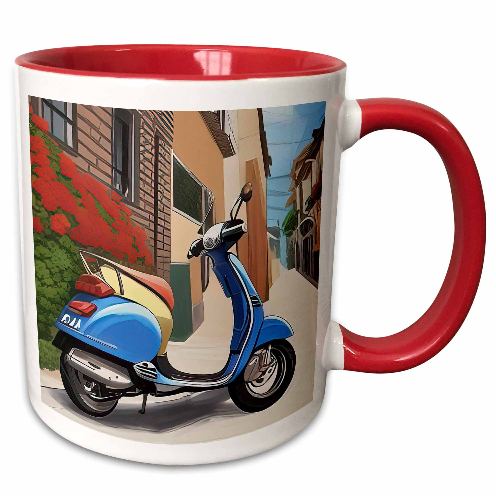 3drose, Blue and Yellow Motor Scooter. Red Flowers and a House. Digital ...