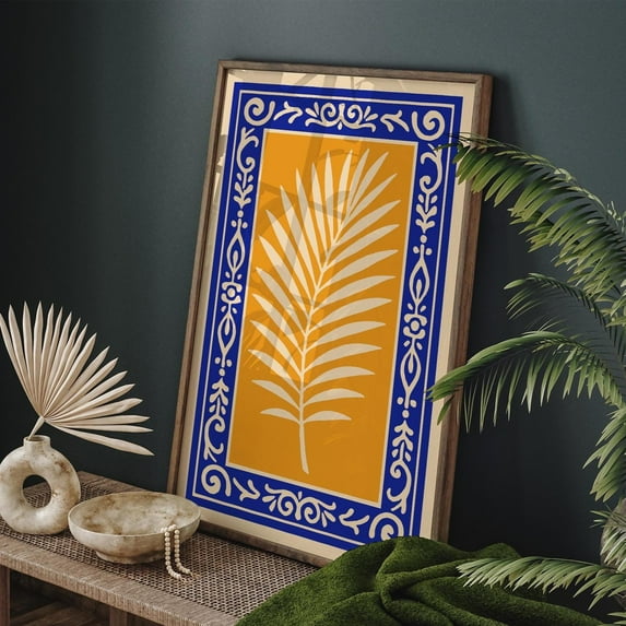 Blue And Yellow Palm Leaf Art Print: Tropical Botanical Wall Poster ...