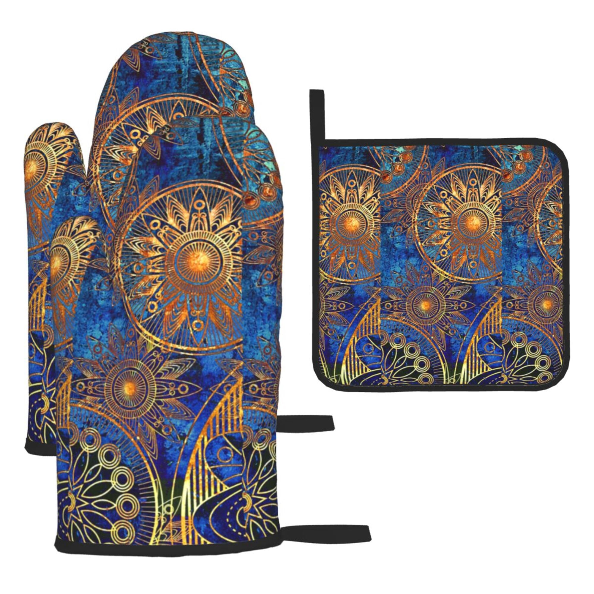 Blue And Yellow Vintage Flowers Deluxe-1 Oven Gloves, Pot Clamp Set ...