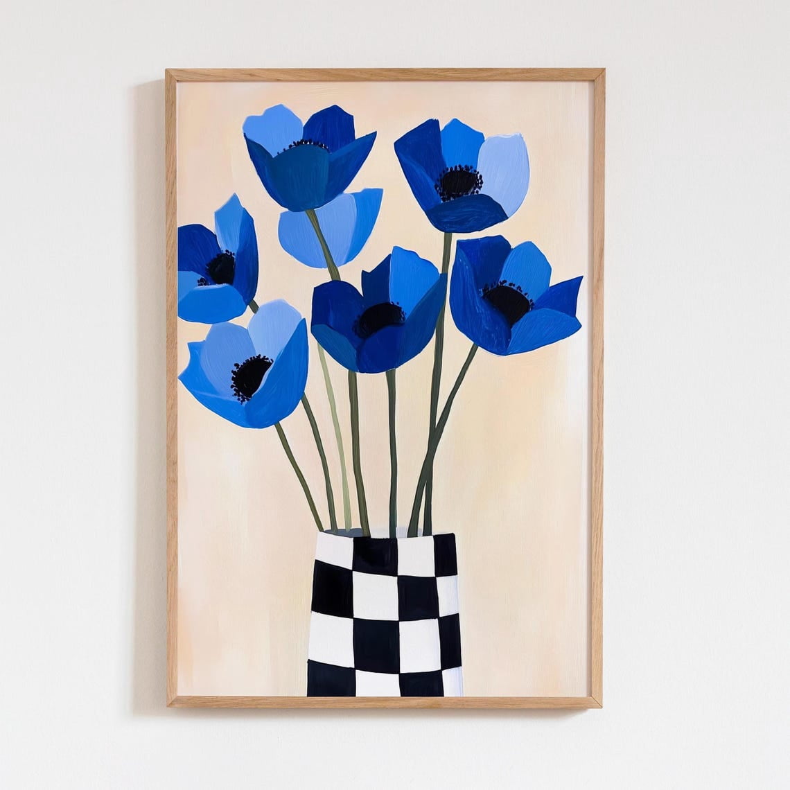 Blue Anemone Floral Art Gouache Checkered Vase Minimalist Decor ...