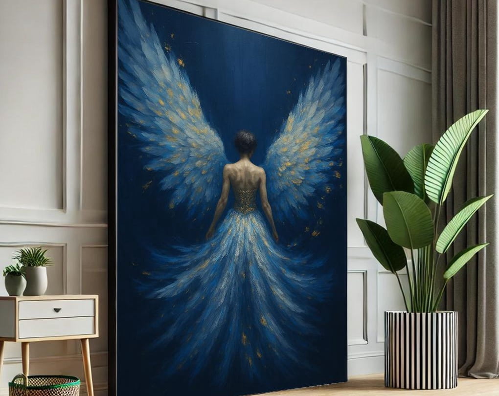 Blue Angel Wall Art, Elegant Angel Wings Painting, Spiritual Woman Art ...