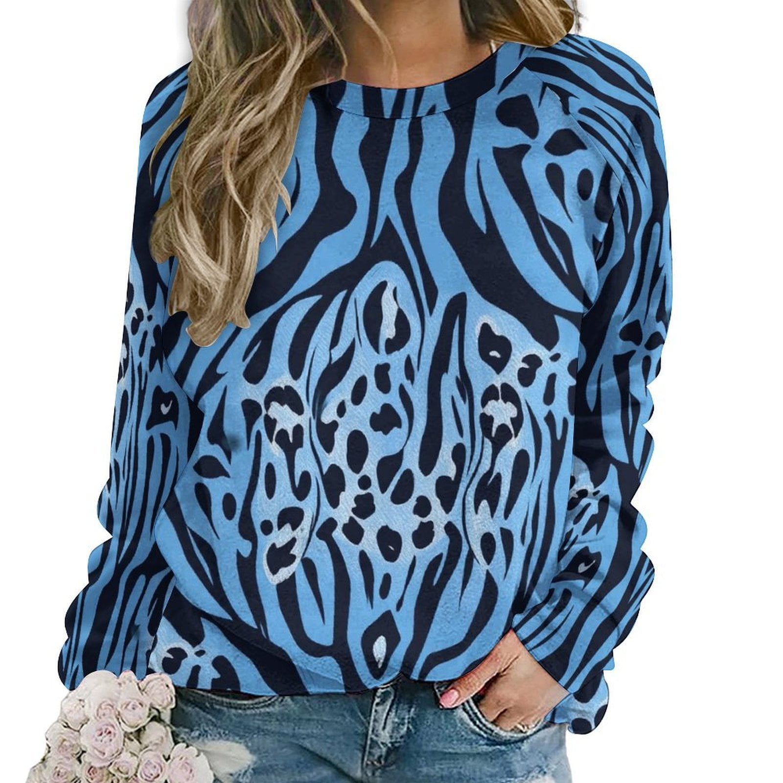 Blue Animal Print Design Hoodies Female Long Sleeve Casual Hoodie ...
