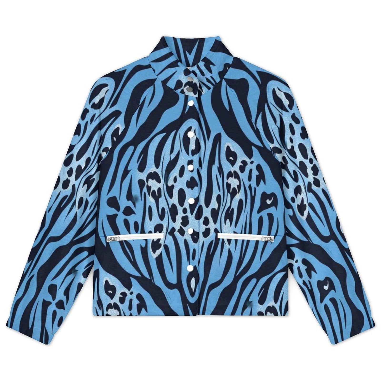 Blue Animal Print Design Warm Women's Plush Jacket Stand Collar Full ...