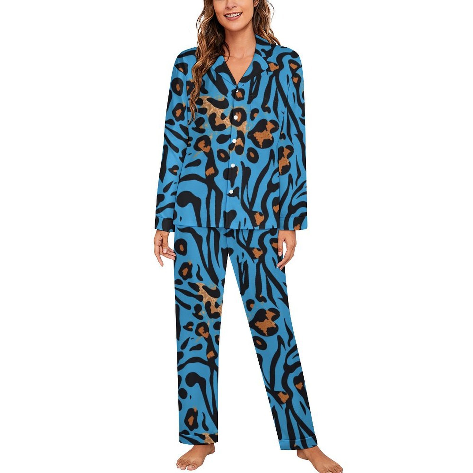 Blue Animal Print Pajamas Night V Neck Nightwear Lady Two Piece Long ...