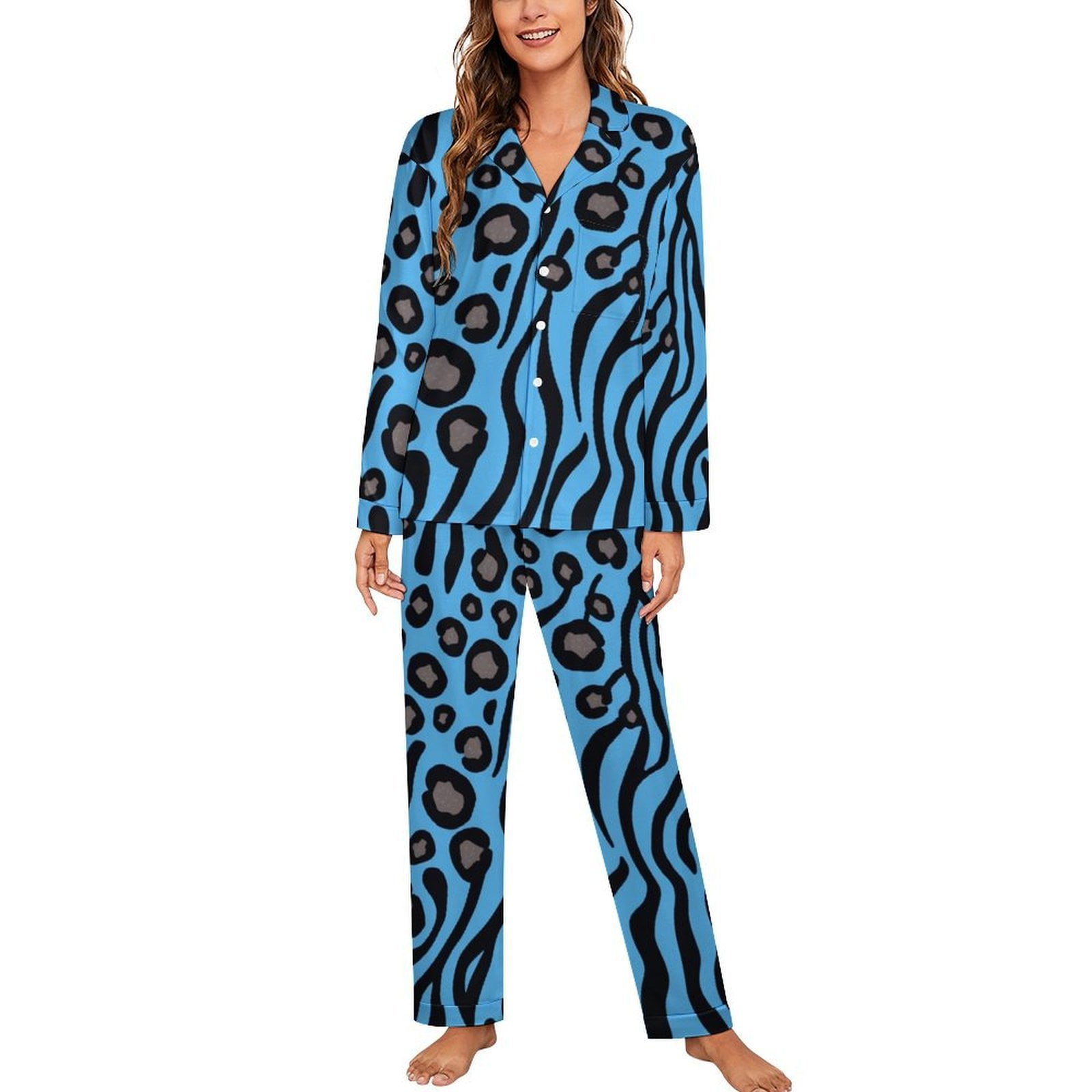 Blue Animal Print Pajamas Woman Home Suit Autumn Long Sleeve 2 Piece ...