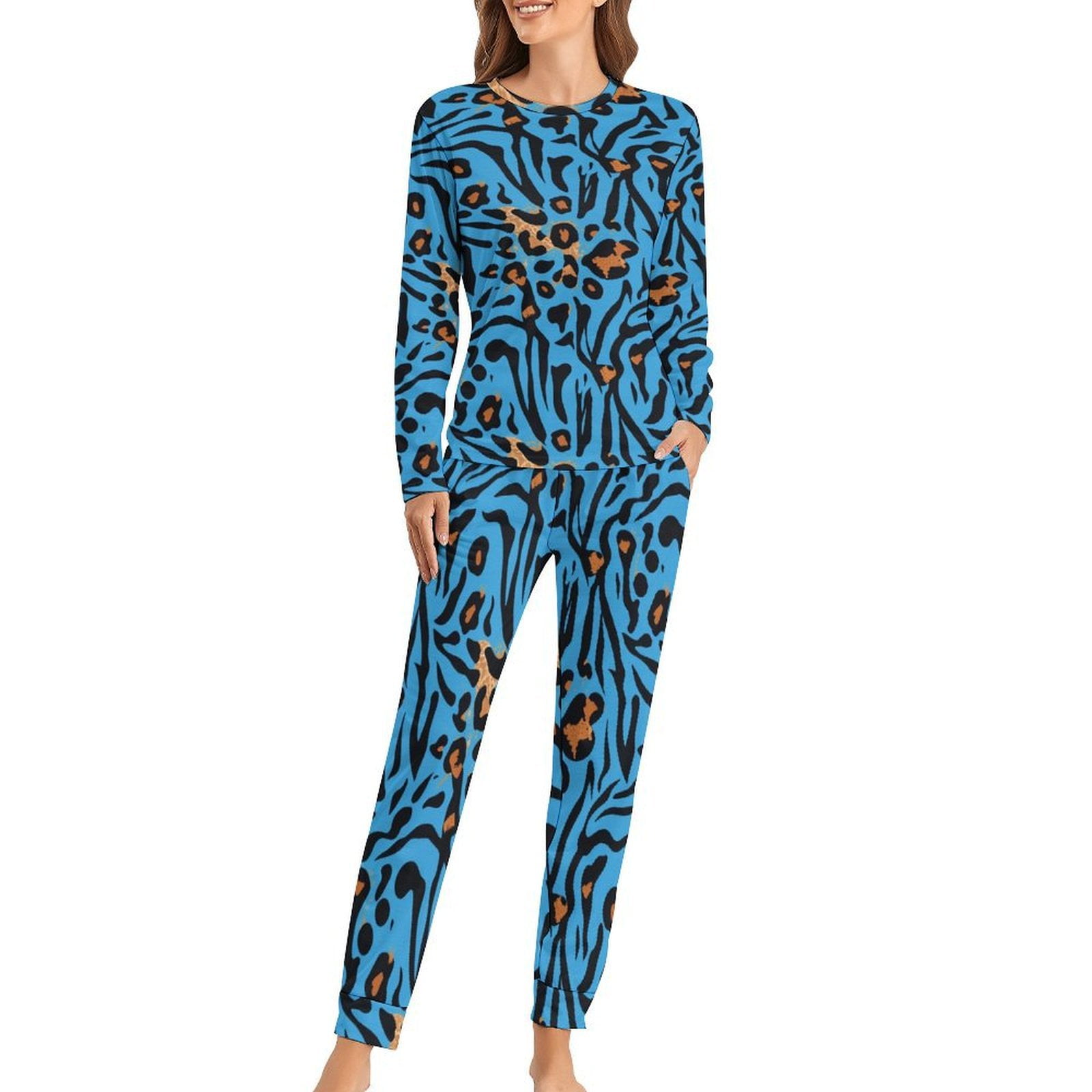 Blue Animal Print Pajamas Woman Two Piece Design Long Sleeves Oversize ...