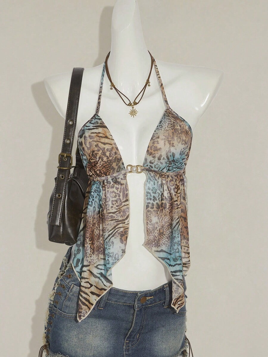 Blue Animal Print Sheer Halter Camisole With Pearl-Embellished Buckle ...