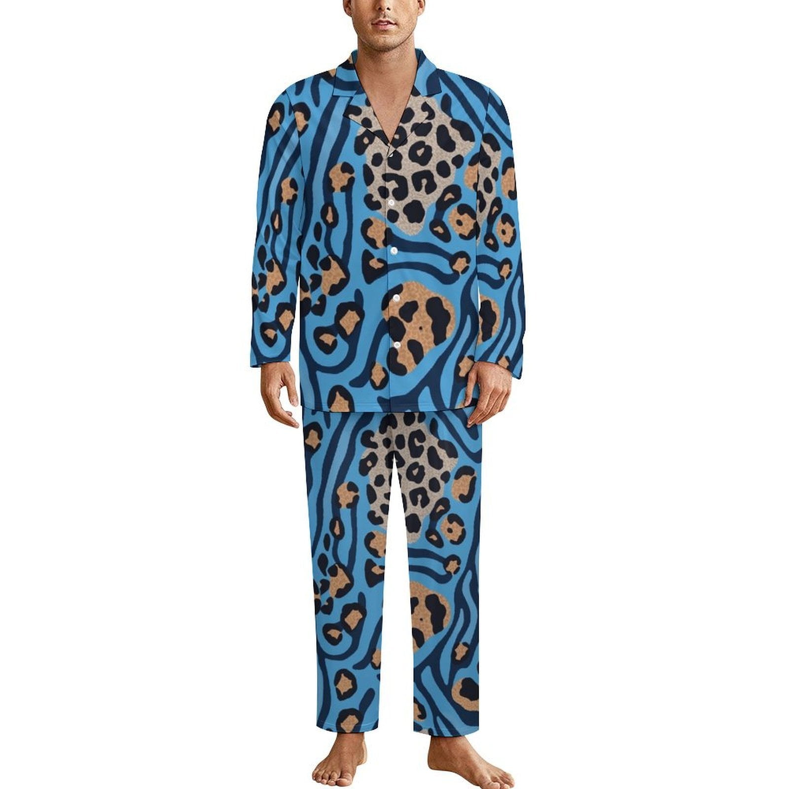 Blue Animal Print Sleepwear Autumn Casual Oversize Pajama Sets Man Long ...