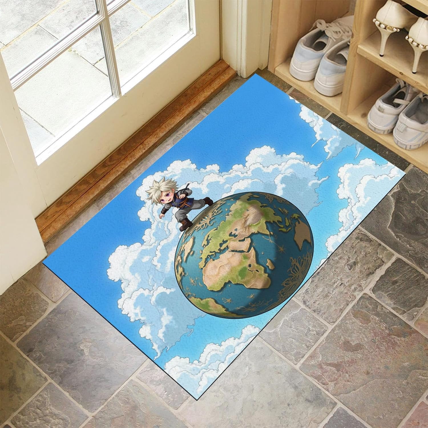 Blue Anime Pattern Non-Slip Door Mat 16"x24", Earth Characters Front ...