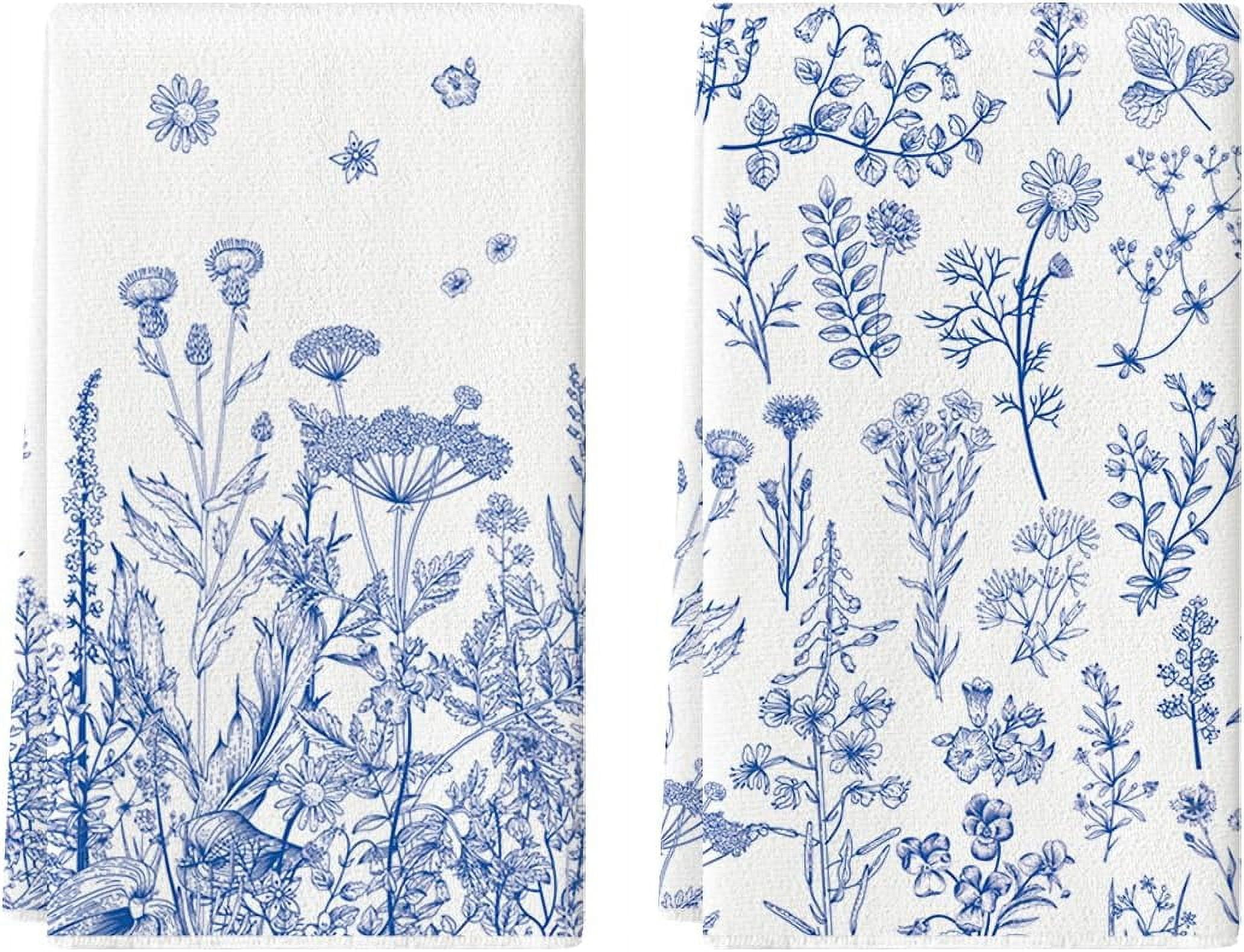 Blue Antique Herbs Wild Flowers Leaves Spring Kitchen Towels Dish ...
