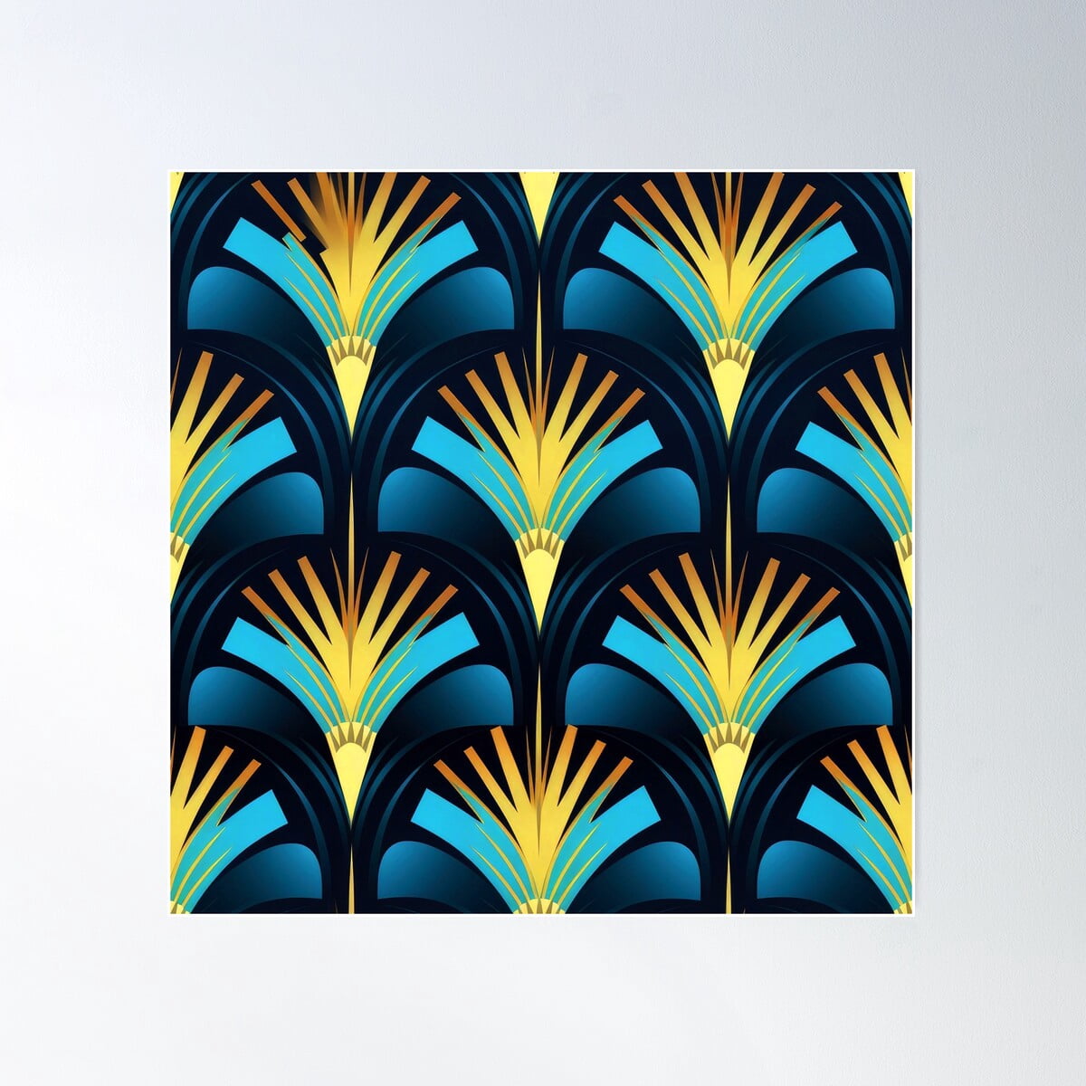 Blue, Aqua And Bright Golden Art Deco Pattern Poster Wall Art, Modern ...