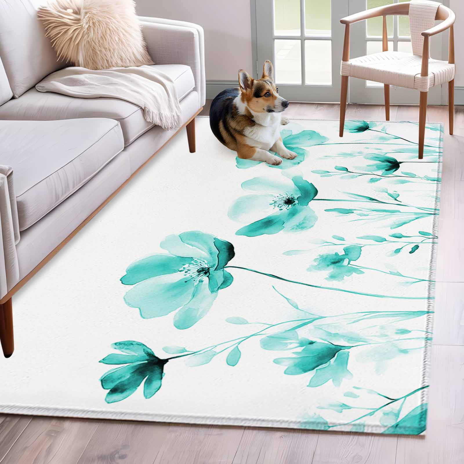 Blue Aqua Flower Area Rug 4x6 FT, Non Slip Kids Room Carpet, White ...