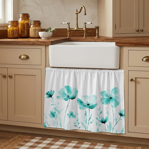 Blue Aqua Flower Cabinet Curtains 27.6"W x 35.4"L, White Floral Plant ...