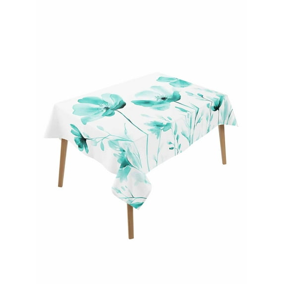 Blue Aqua Flower Table Cloth, White Floral Plant Herb Botanical ...