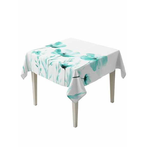 Blue Aqua Flower Table Cloth, White Floral Plant Herb Botanical ...