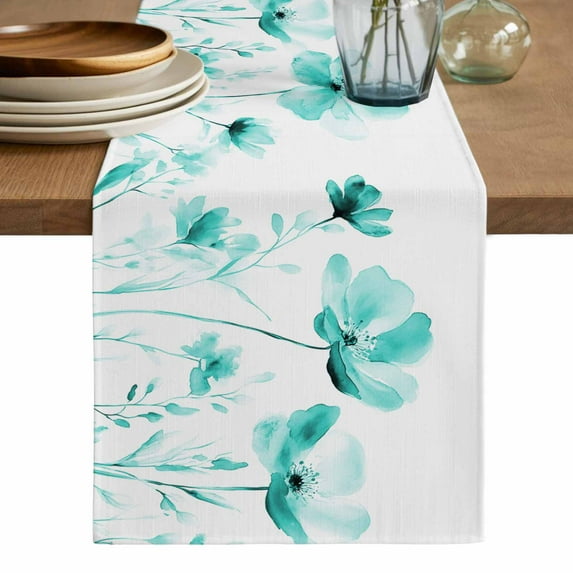 Blue Aqua Flower Table Runner, White Floral Plant Herb Botanical ...