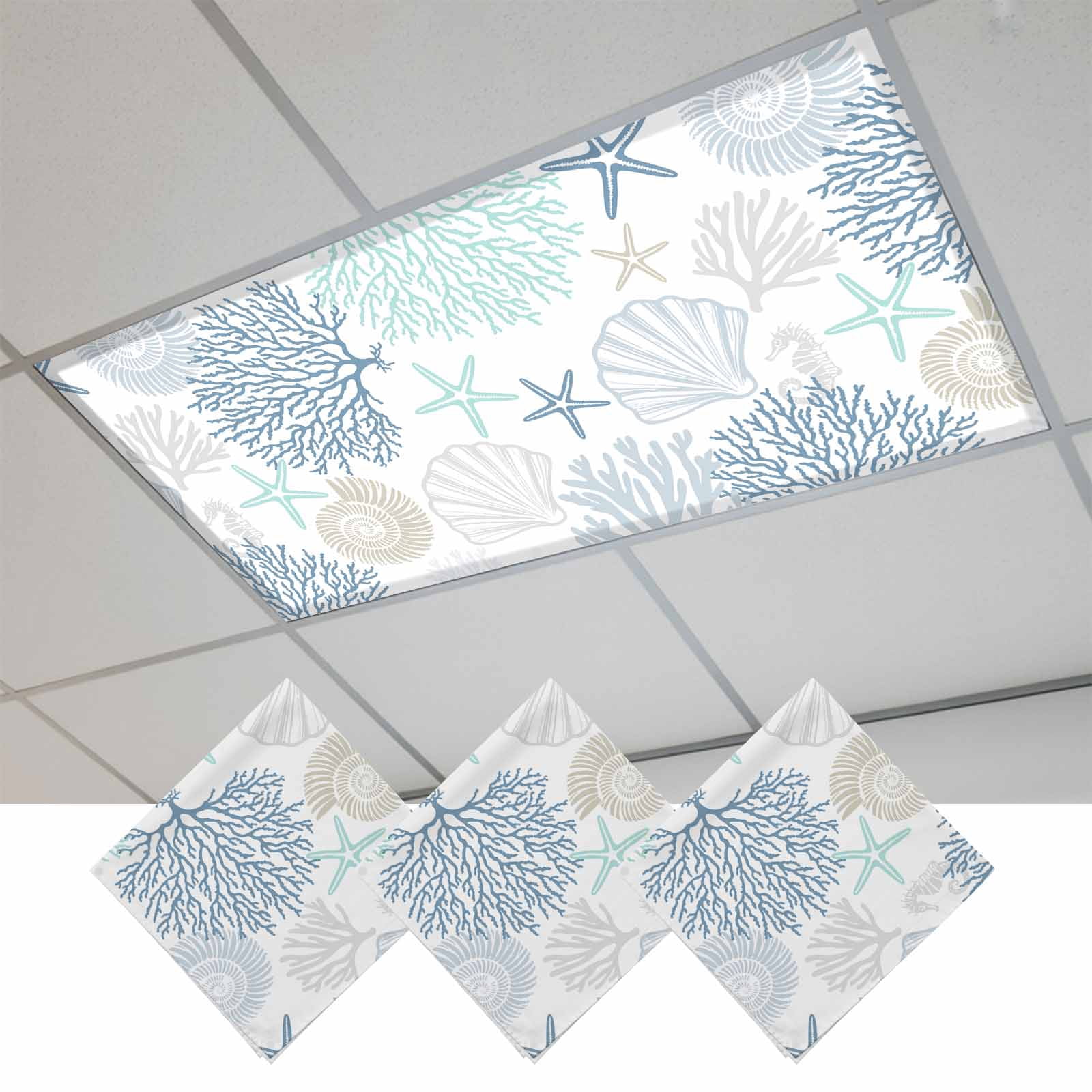 Blue Aqua Grey Coastal Fluorescent Light Covers, Summer Beach Coral ...